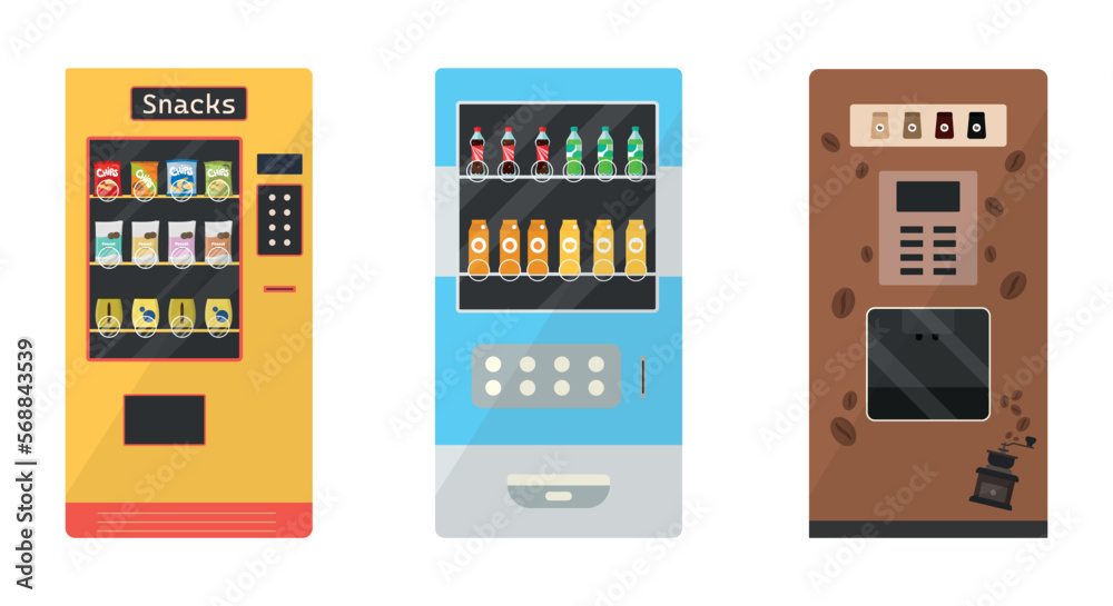 Vector set of food and drink vending machines in cartoon style. Chips ...