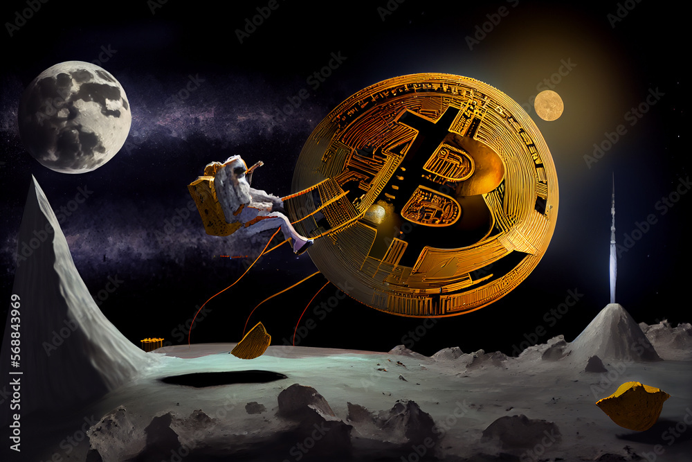 Bitcoin to the Moon, a rocket shaped like a Bitcoin symbol launching ...