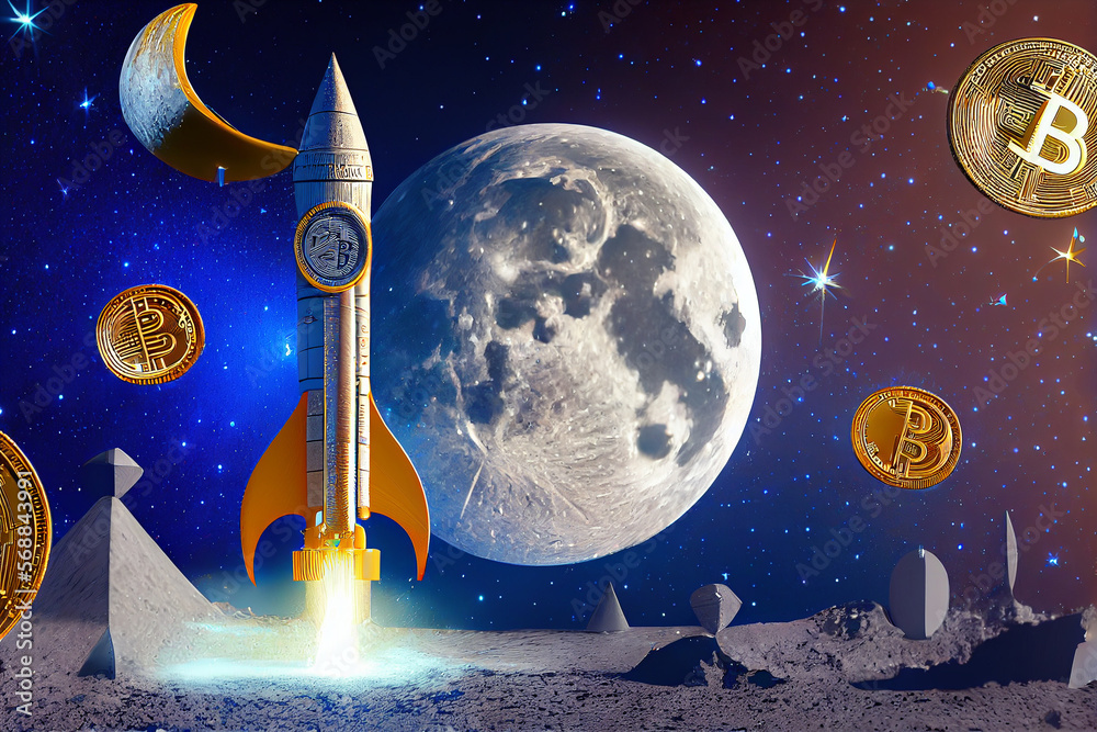 Bitcoin to the Moon, a rocket shaped like a Bitcoin symbol launching ...