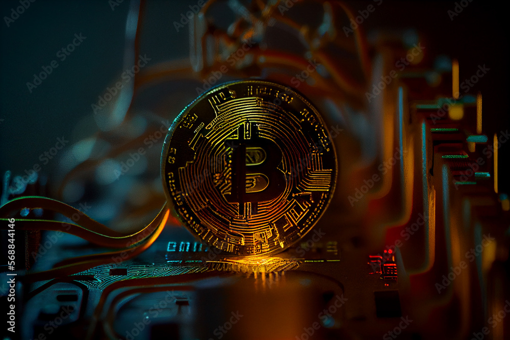 Bitcoin coin on a circuit board, with light trails and electrical ...