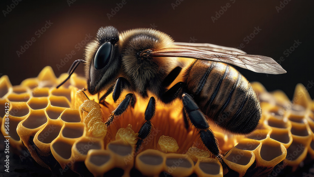 close up of a bee on honeycomb with honey, realistic dark background ...
