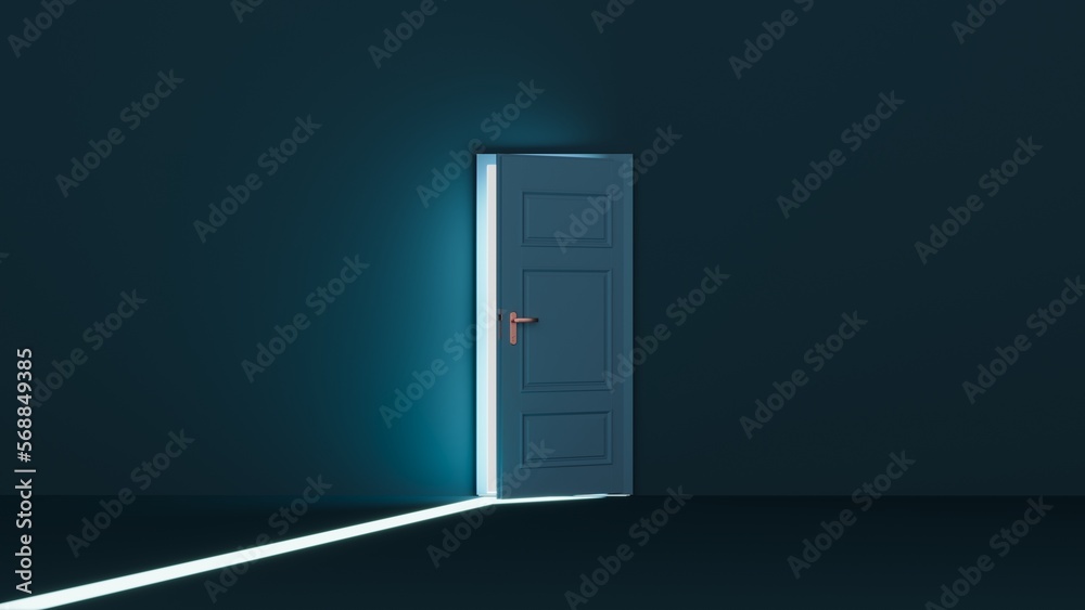 3d render of bright light shining through an ajar door into a dark room ...
