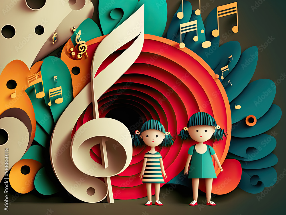 Children Music School Paper cut art with text copy space for banner and ...