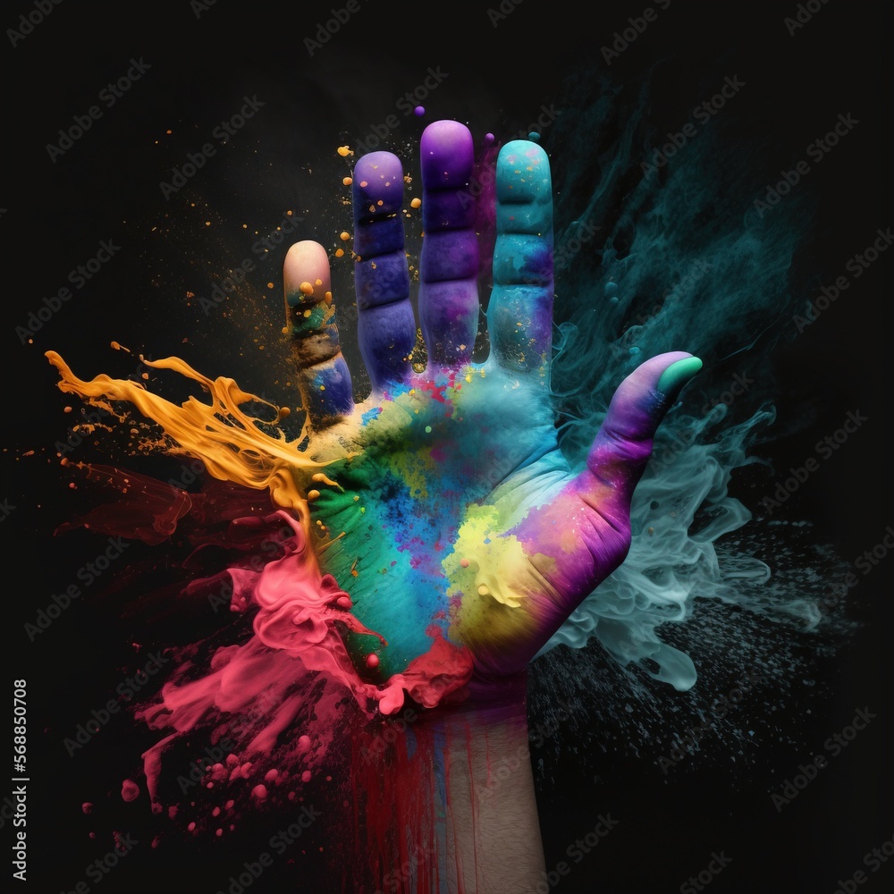 A hand throwing colours in a multi colour splash background. Holi ...