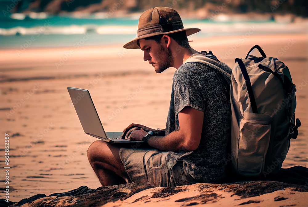 Generative AI illustration of a an unrecognizable digital nomad man ...