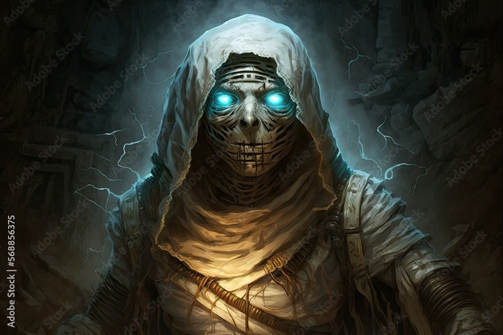 A mummy with dusty bandages and glowing eyes, awakening from its tomb ...