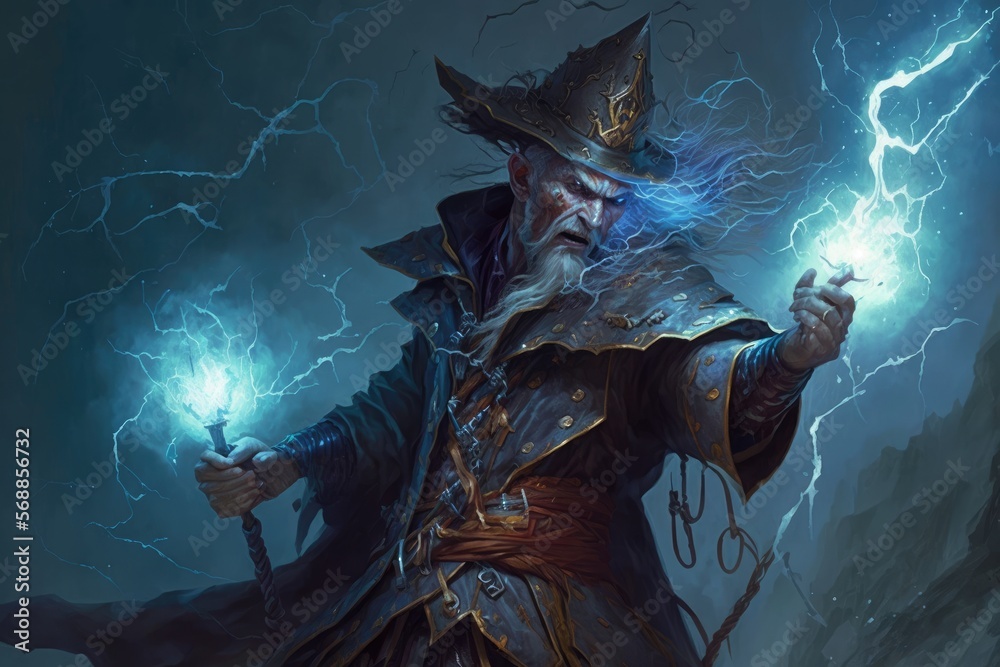 A sorcerer with a mysterious expression and a staff, conjuring bolts of ...
