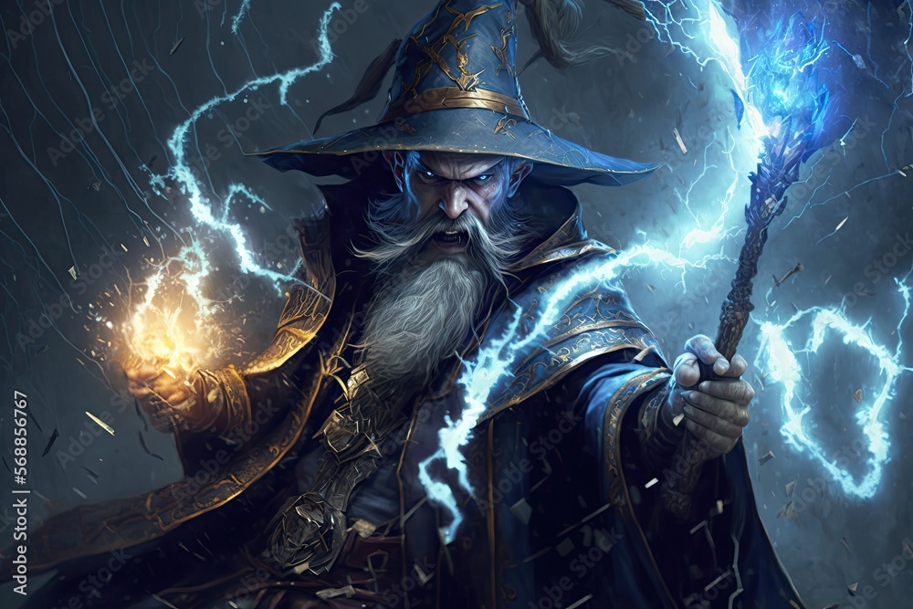 Illustrazione Stock A sorcerer with a mysterious expression and a staff ...