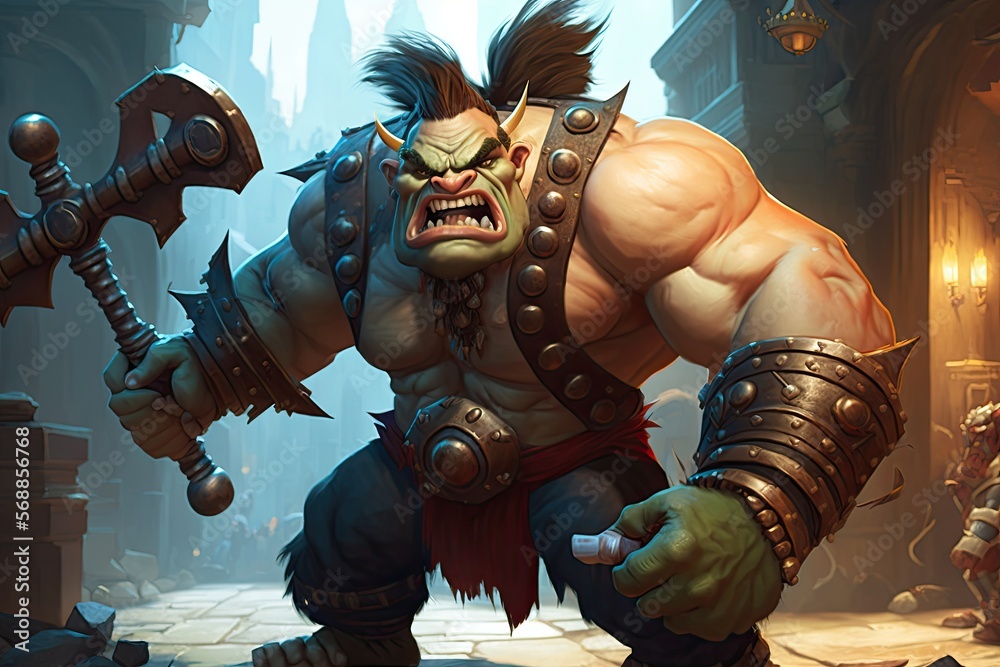 An ogre with a fearsome expression and burly muscles, wielding a jagged ...