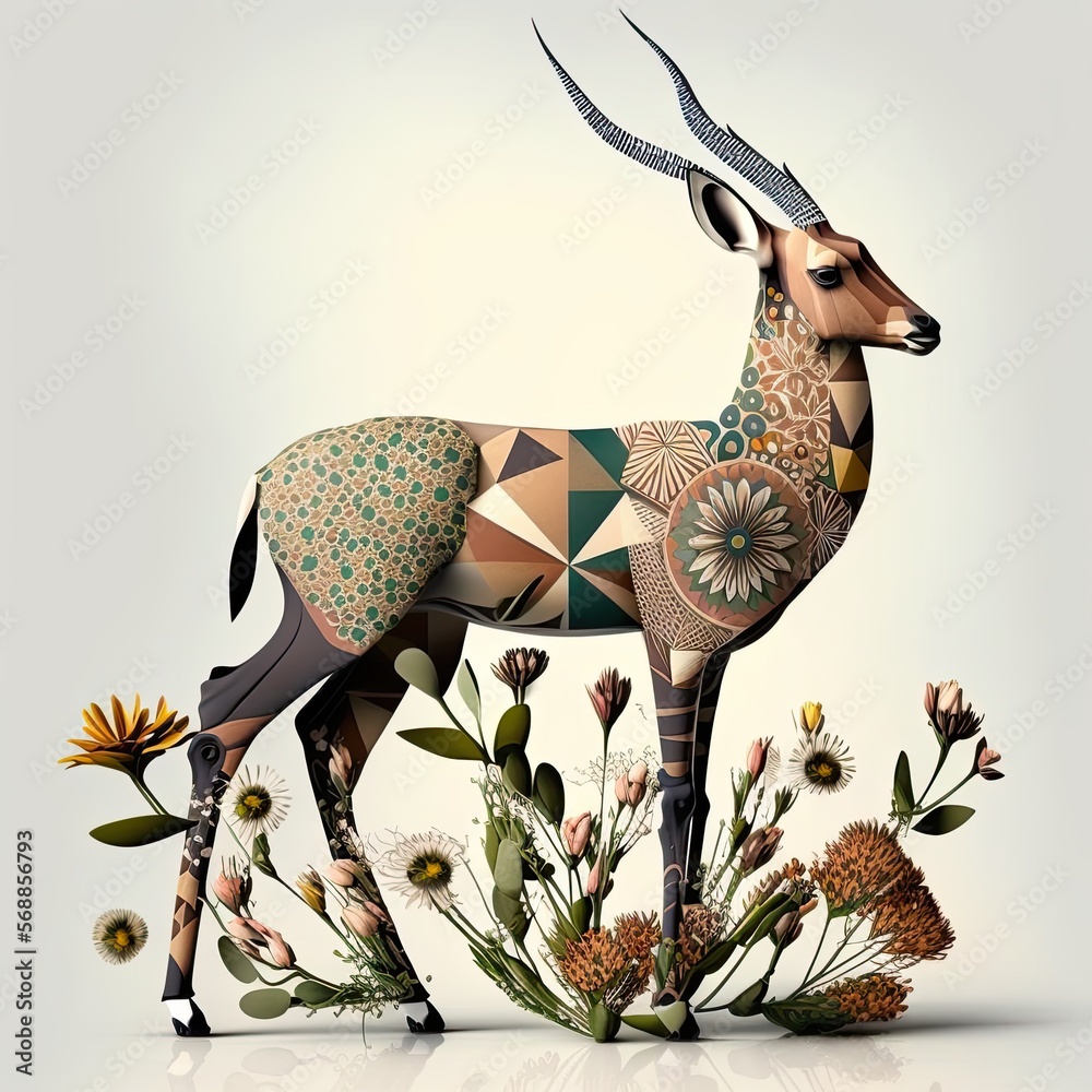 Springbok made from squares, circles, alphabets, poka dots, lines ...