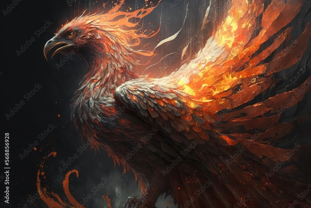 A phoenix with radiant feathers and a fierce expression, rising from ...