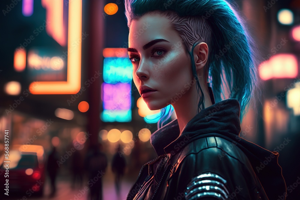 A futuristic punk woman with dark blue hair in a cyberpunk neon city ...