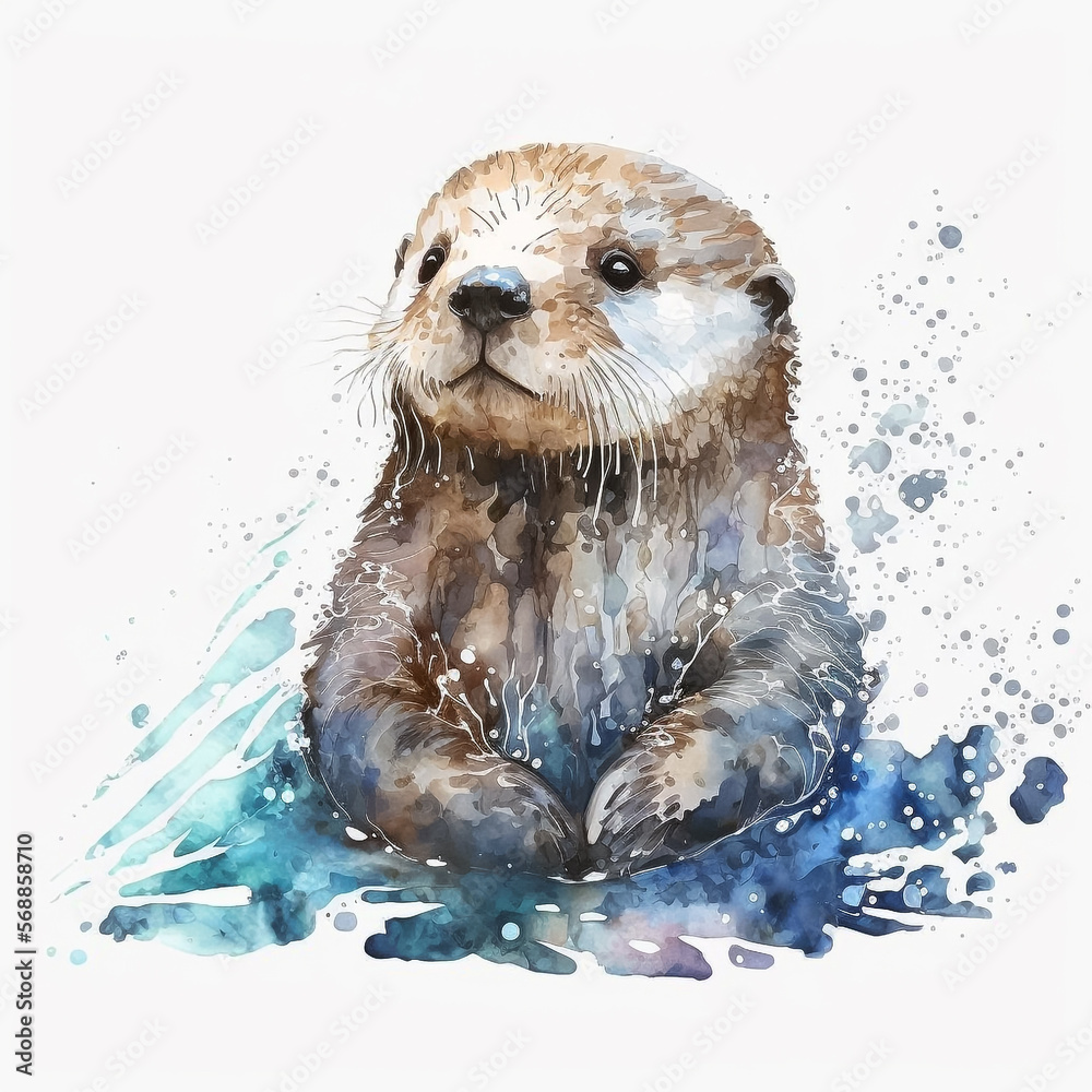 Sea Otter swimming in the water. Watercolor painting. Generative AI ...