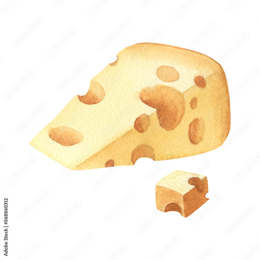 Watercolor piece swiss cheeses emmental cheese triangle with holes ...