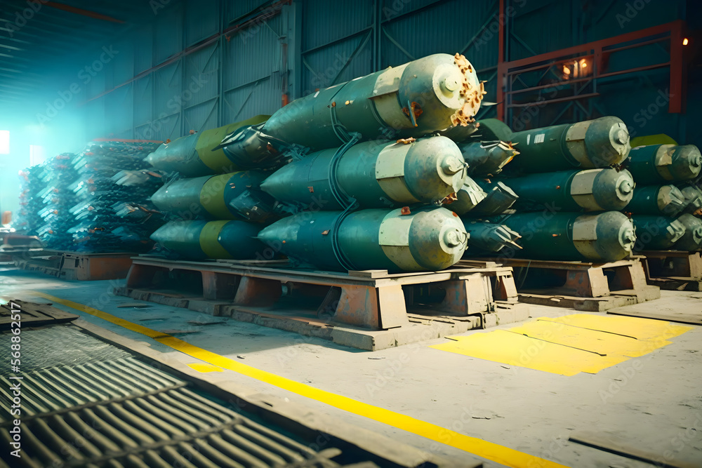 Warehouse of many military projectiles and weapons, inside view ...