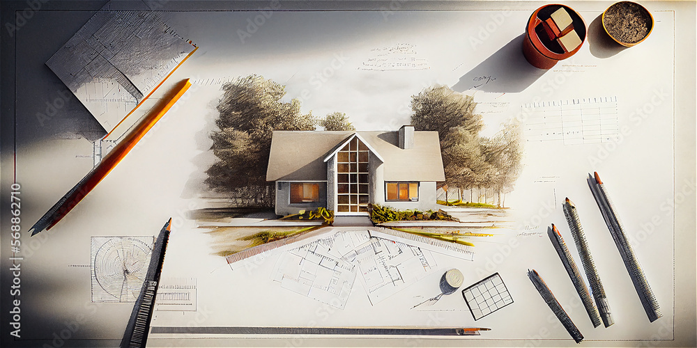 Architecture background with blueprints and a modern building mockup ...