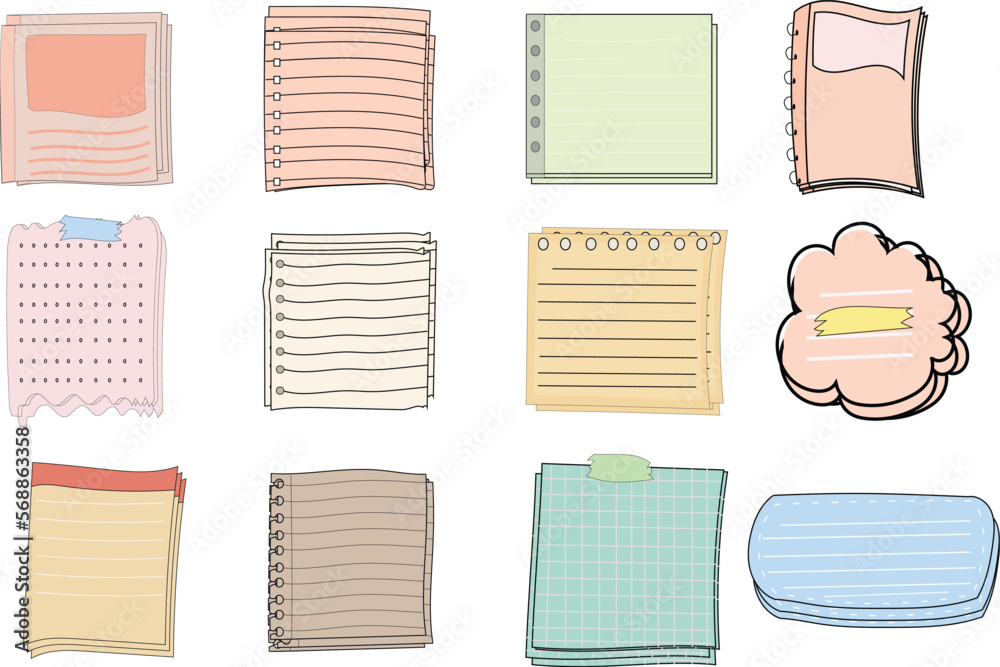 Paper note set.Blank notes with tape and stickers.Notebook collection ...