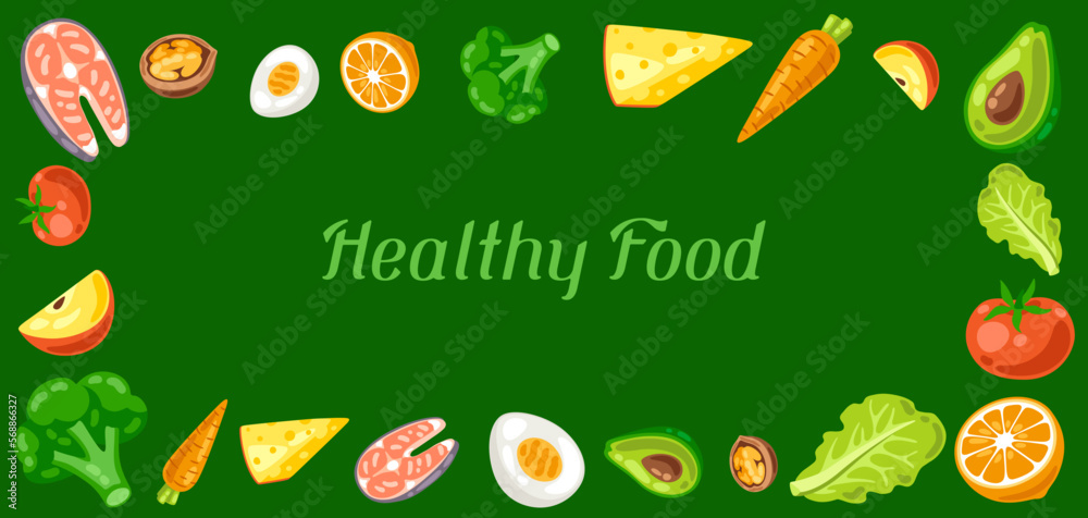 Frame with healthy eating and diet meal. Fruits, vegetables and ...