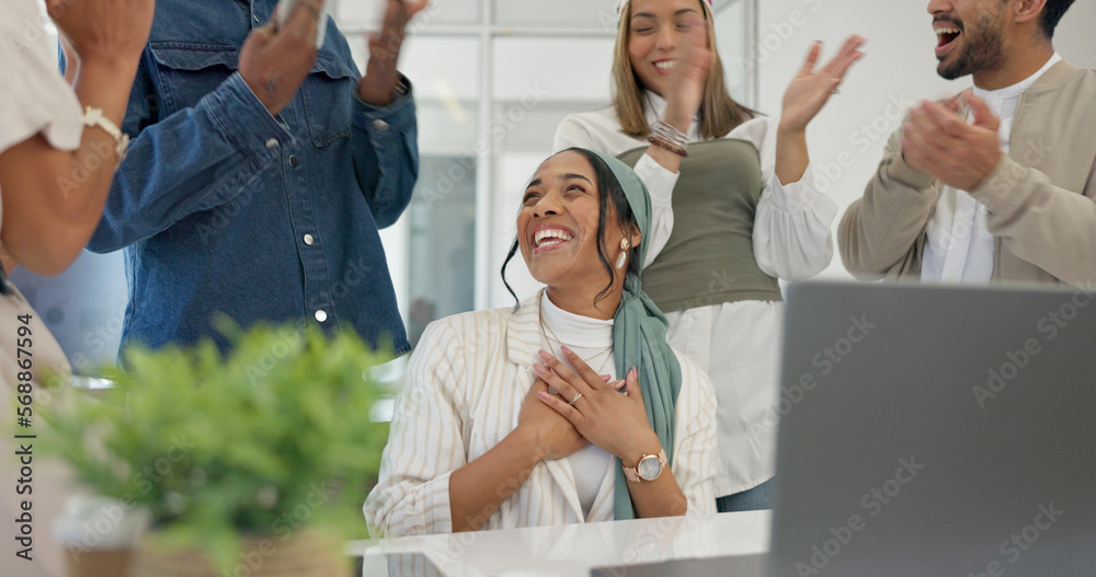 Success, applause and thank you, achievement for woman in office at ...