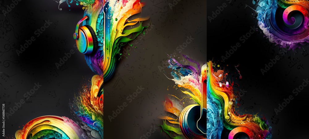 Music banners with rainbow splash design elements and notes texture ...
