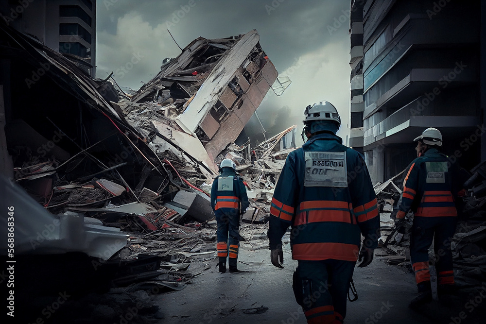 Poster, Foto Rescuers in uniform and helmets dismantle the rubble of ...