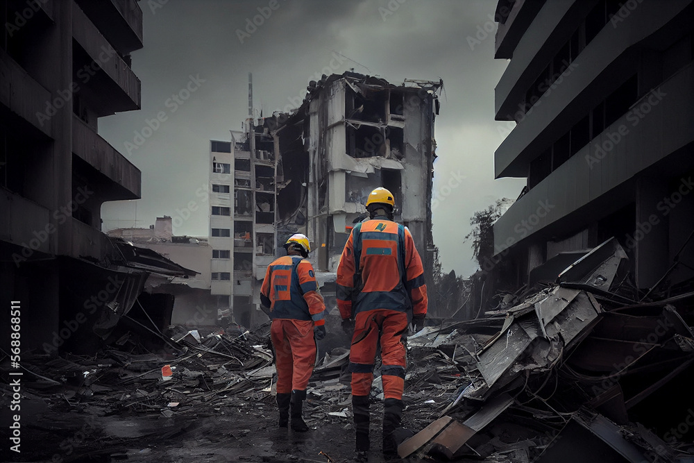 Rescuers in uniform and helmets dismantle the rubble of houses after ...