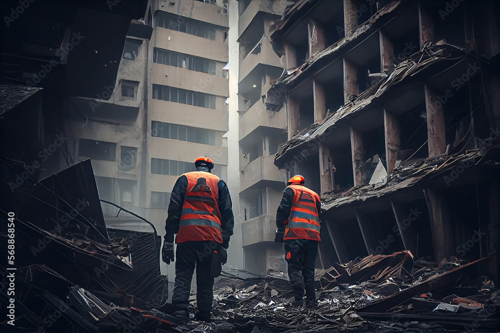 Rescuers in uniform and helmets dismantle the rubble of houses after ...