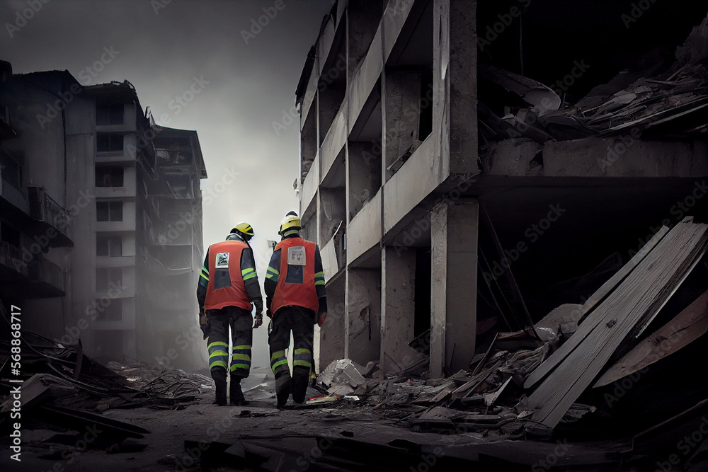 Rescuers in uniform and helmets dismantle the rubble of houses after ...