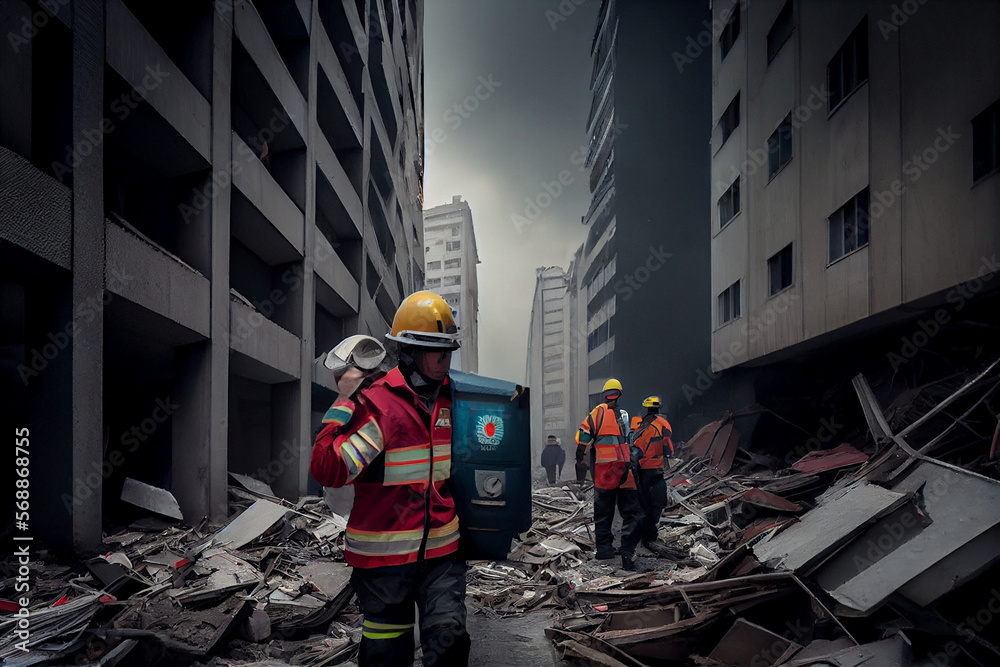 Rescuers in uniform and helmets dismantle the rubble of houses after ...