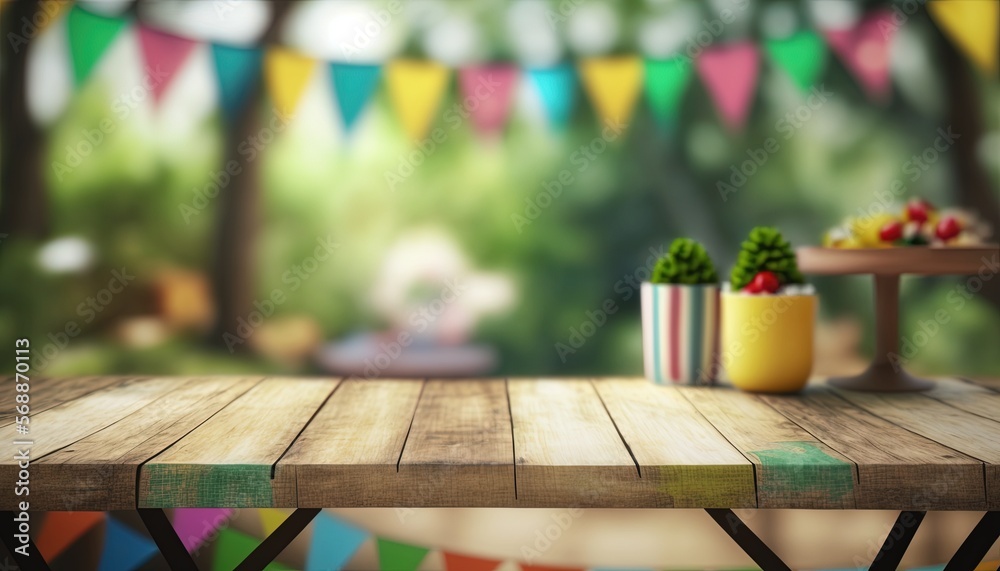 Empty wooden table top whit party birthday in garden background blurred ...