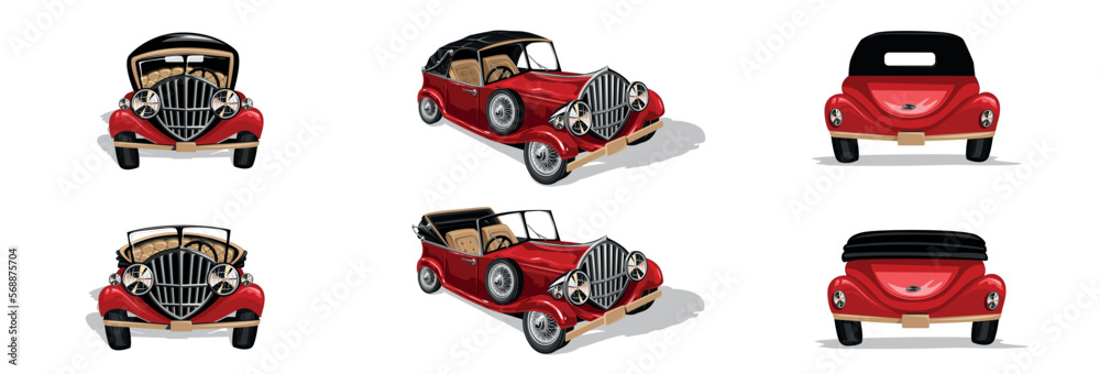 Set of red convertible from different angles in retro style ...