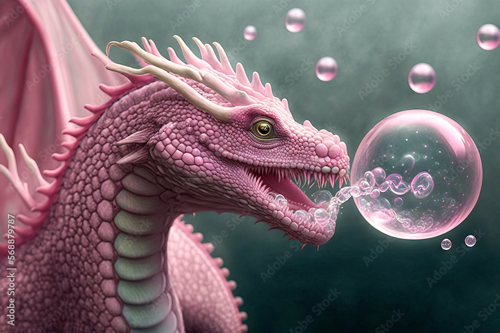 Beautiful dreamy pink dragon the color of bubble gum blowing bubbles. Year of the dragon 2024 ...