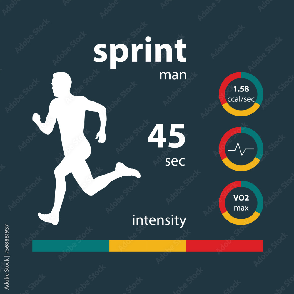 Infographics man running sprint: time, intensity, calories, heart rate ...
