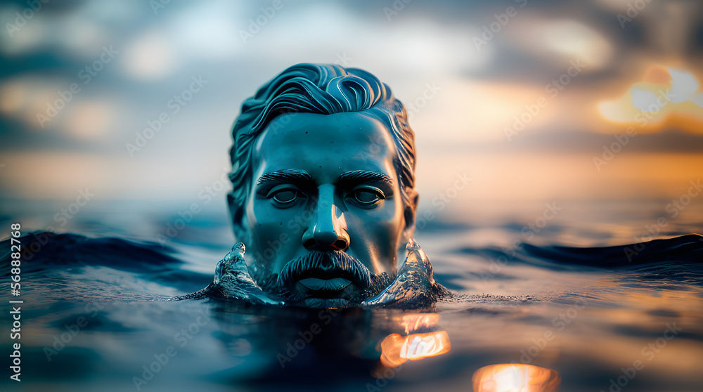 a water sculpture of a human head on the ocean water, water ...