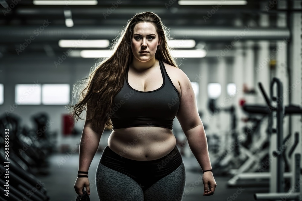 Overweight woman created with Generative AI technology in a gym. Body ...