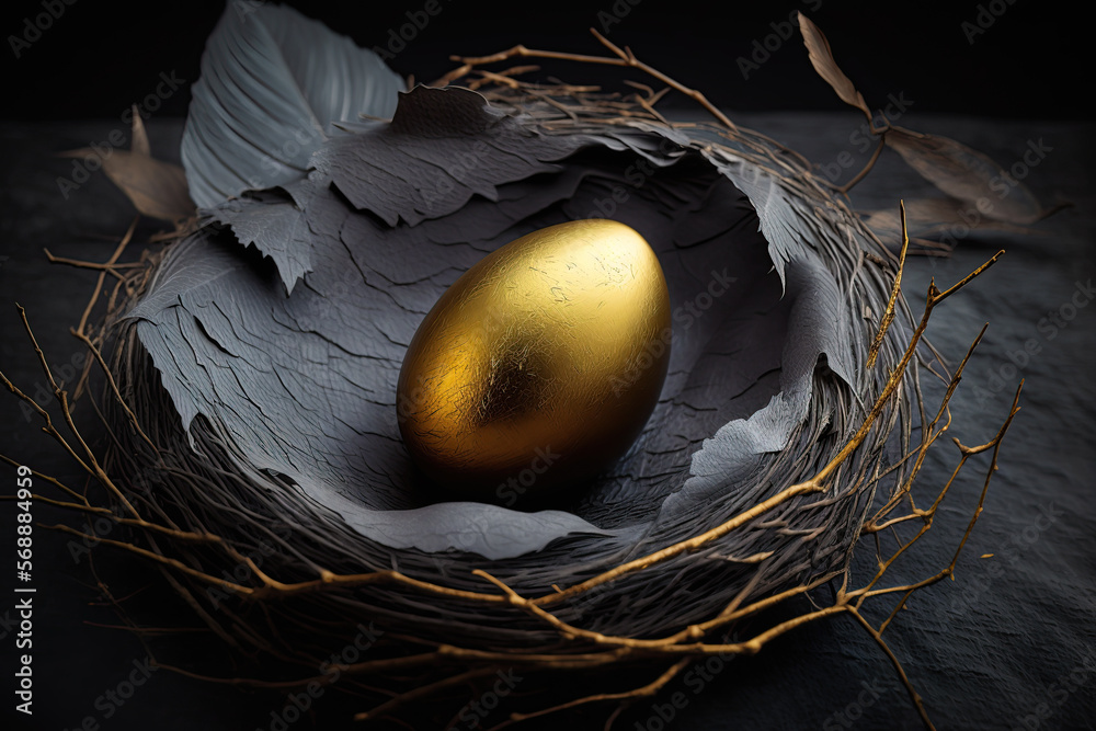 Beautiful shiny golden egg in bird nest on dark shale background ...