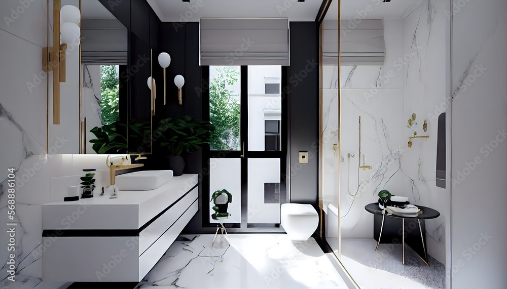 Schwebender Waschtisch mit weißem Waschbecken und großem Spiegel ...