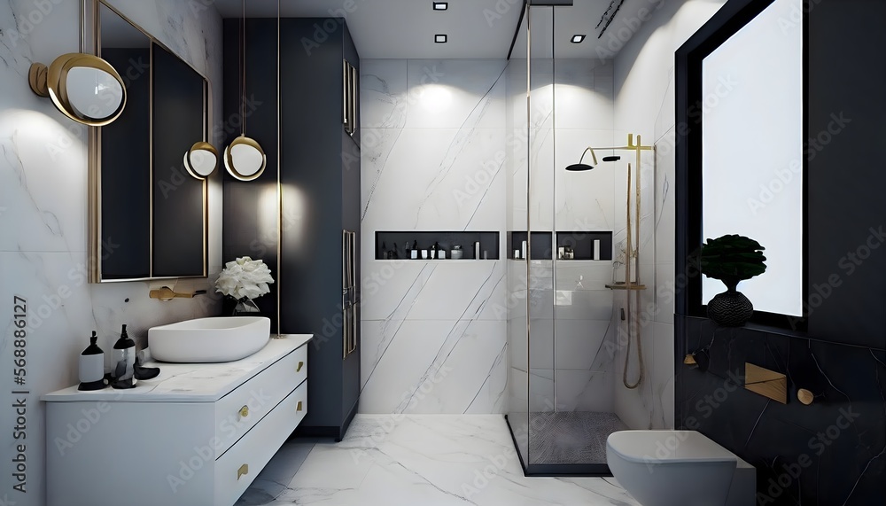 Schwebender Waschtisch mit weißem Waschbecken und großem Spiegel ...