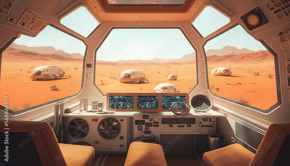 Mars colony module seen through a rover vehicle window. Generative AI ...