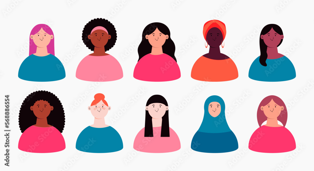 Beautiful diverse women, girls, isolated on white. Flat style vector ...