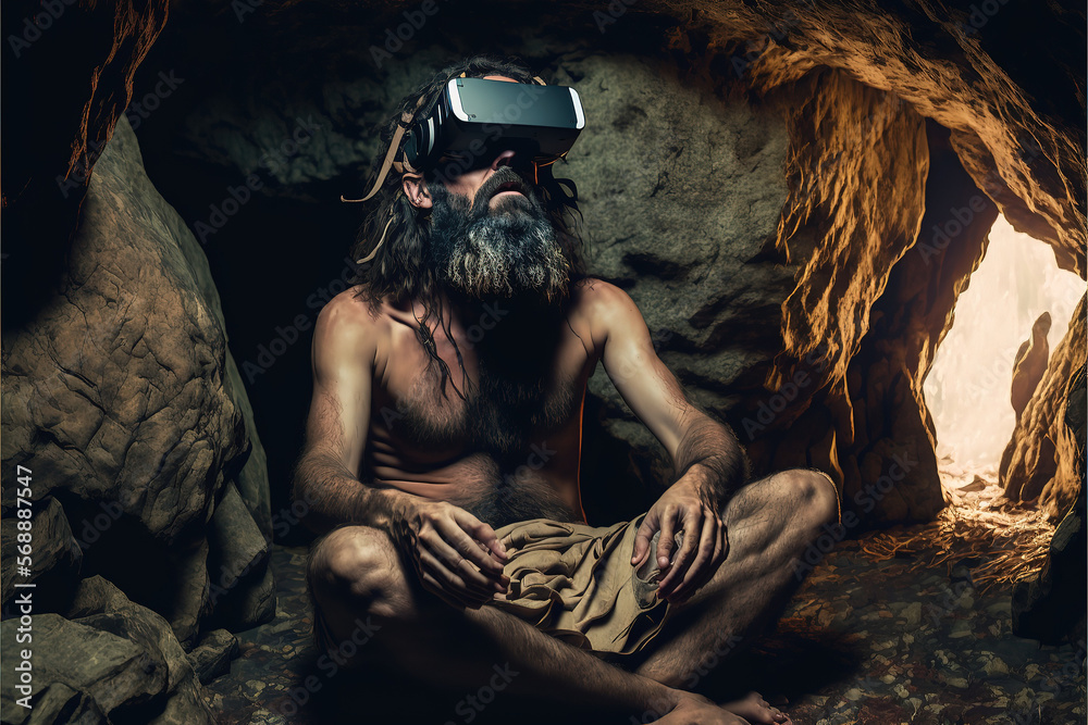 Caveman Evolution with VR Headset enjoying the metaverse and dreaming of a different life ...