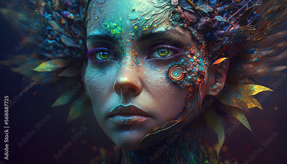 Closeup abstract portrait of woman with colourful ethereal ethereal ...