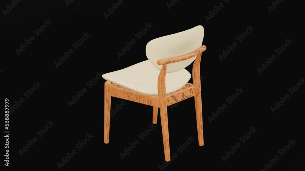 3D stylish wooden chair rotating on black screen for chroma key. Fabric ...
