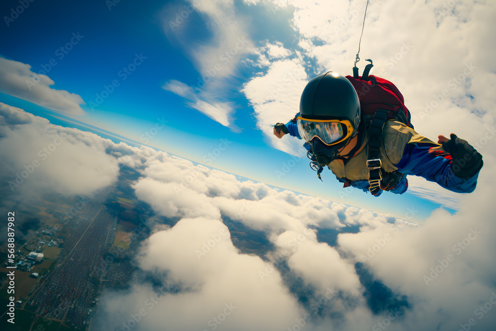 Athletes skydivers jump from an airplane falling in free fall above the ...