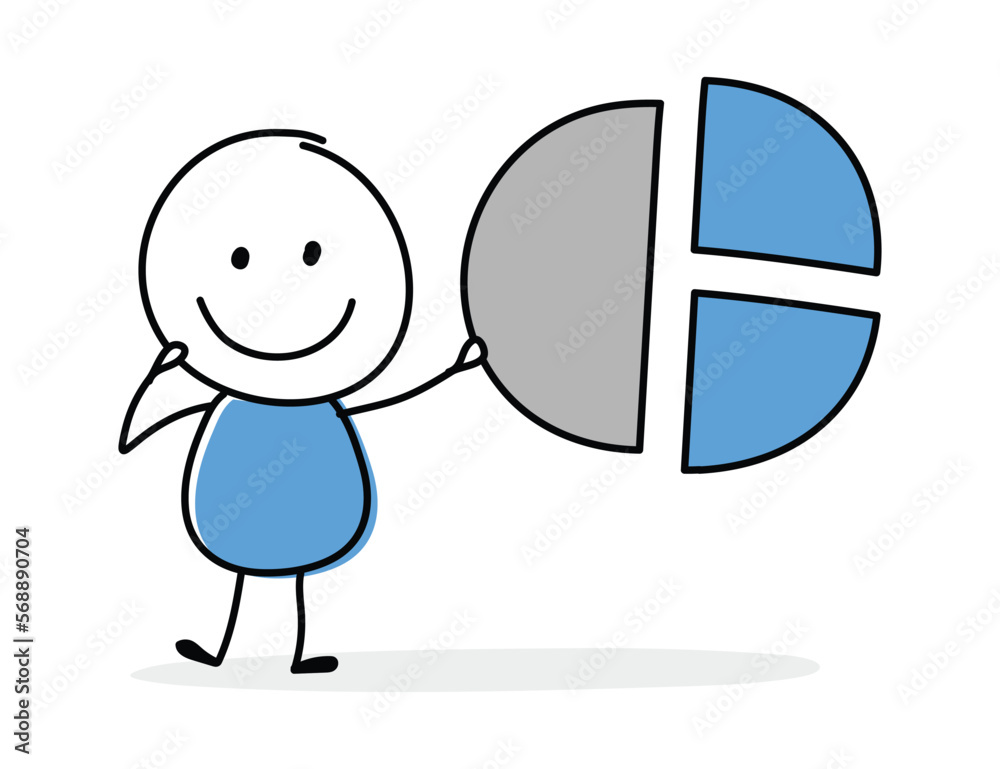 Funny cartoon stickman holding chart pie icon. Hand drawn design for a ...