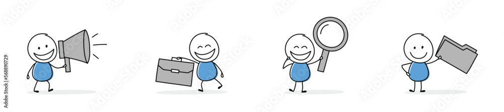 Hand drawn stickman holding speaker, briefcase, magnifier, folder ...