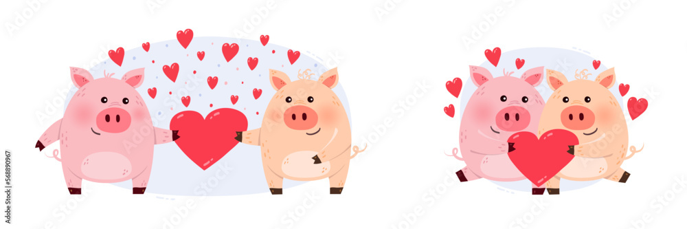 Cute and funny pigs in love. Collection of drawings with animal ...