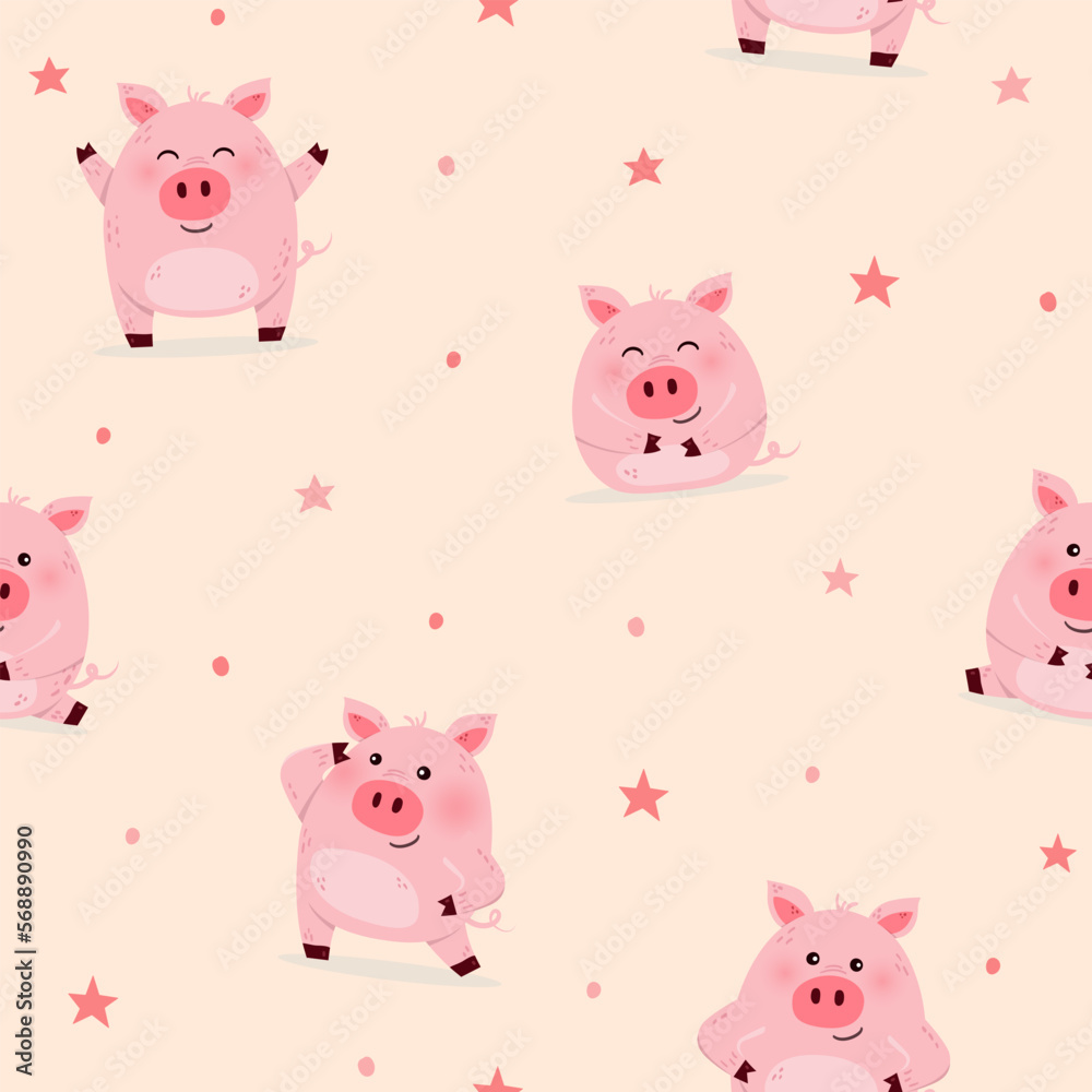 Seamless pattern with funny pigs. Design of a wrapping paper, wallpaper ...