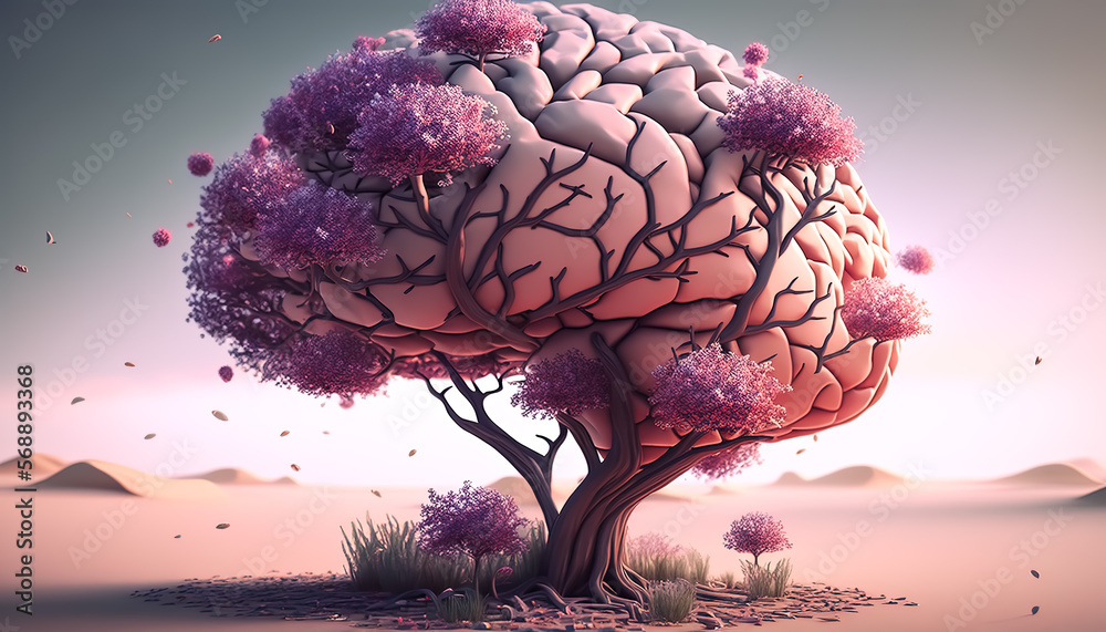 Human brain with flowers and plants, self care and mental health ...