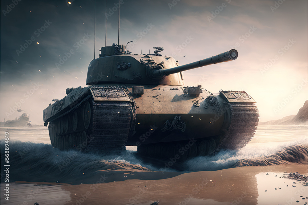 Tank crosses a seaside during a war invasion. An epic scene of war by ...